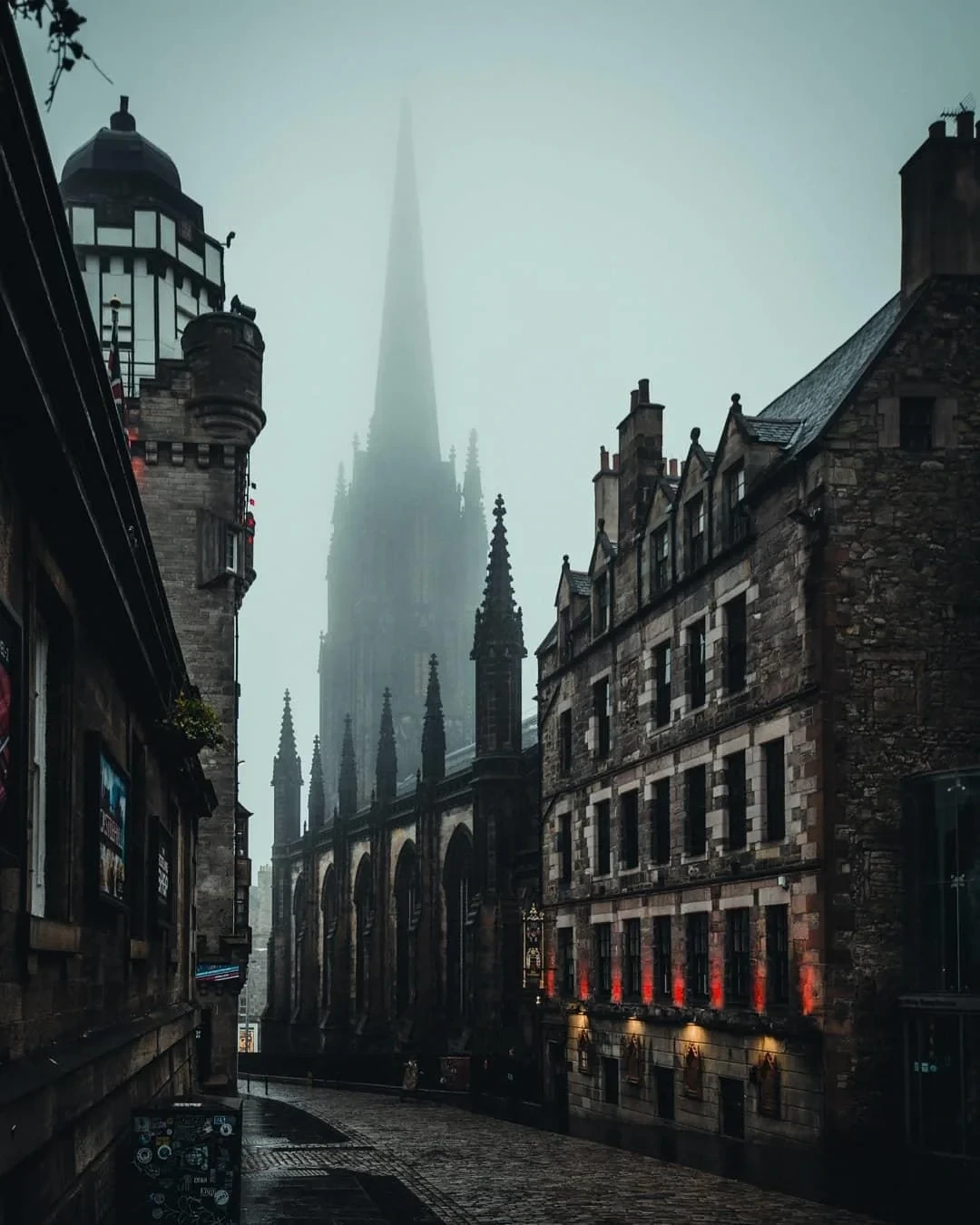 Foggy street in Edinburgh, Scotland